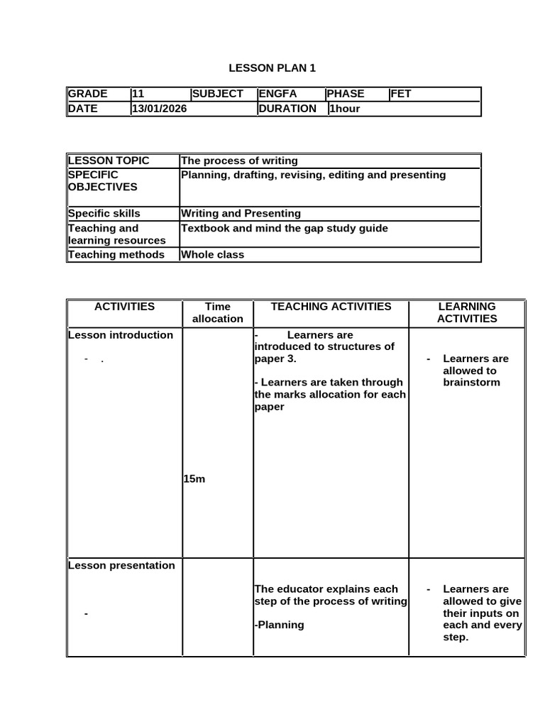LESSON PLAN 1 GRADE 11 | PDF | Lesson Plan | Learning