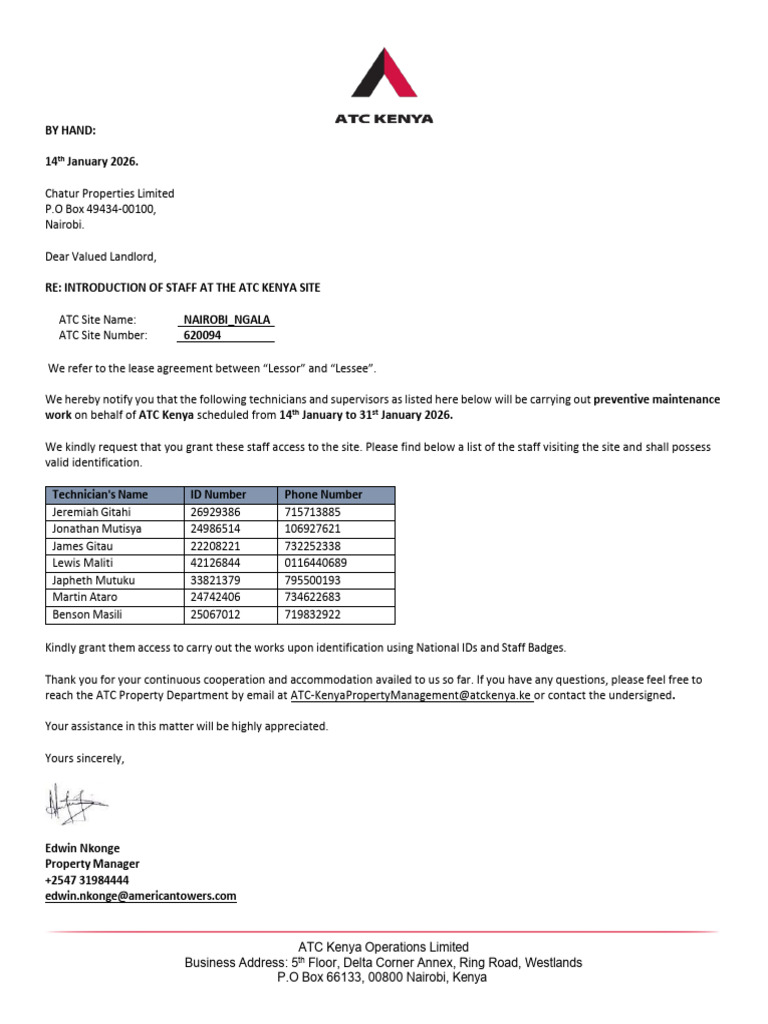 Staff Access Notification for ATC Kenya | PDF