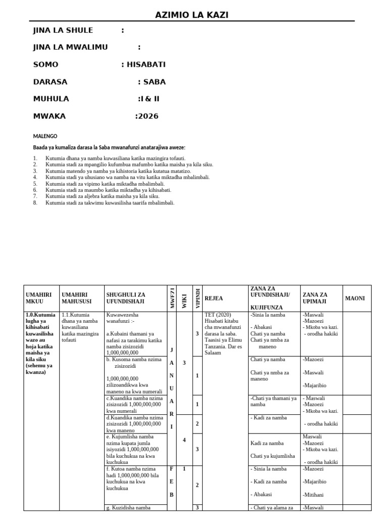 Darasa Lako Club_azimio La Hisabati Std 7 - 2026 | PDF