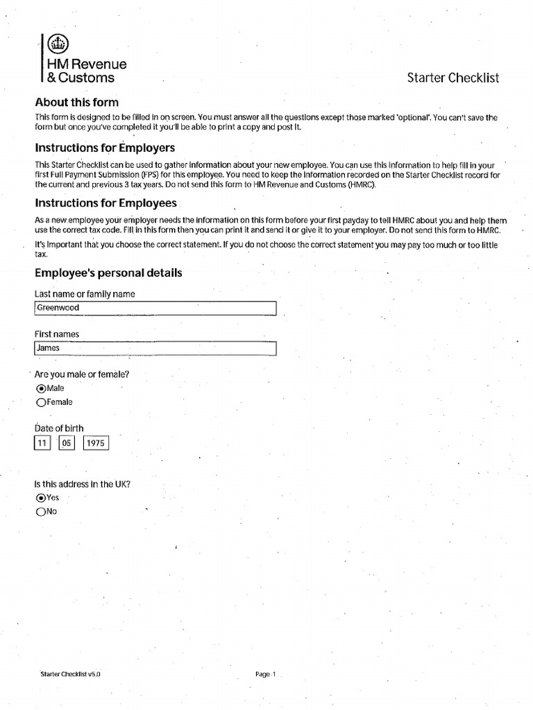 HMRC Starter Form | PDF