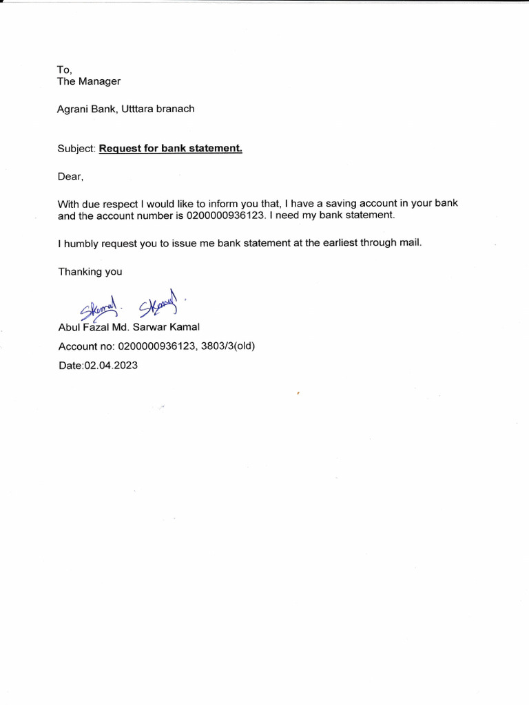 Request for Bank Statement from Agrani Bank | PDF