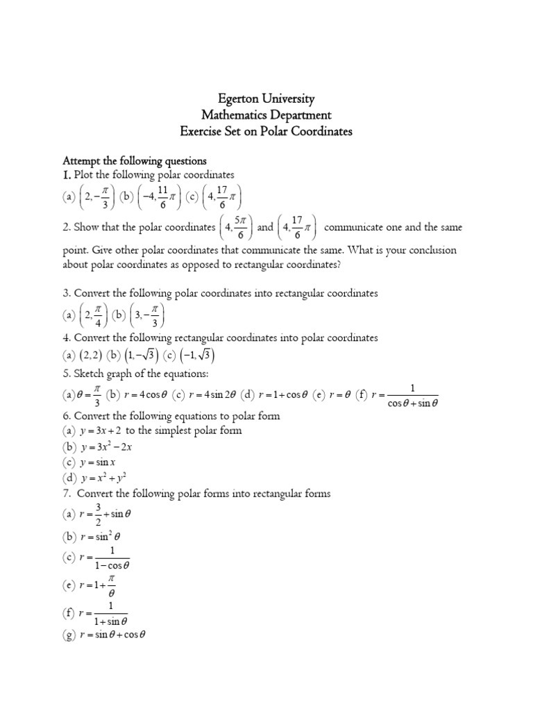 Polar Coordinates Exercise Set | PDF