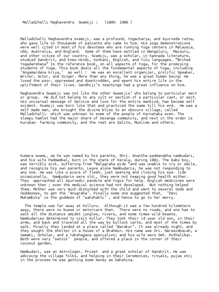 Malladihalli Raghavendra Swamiji: (1895 - 1996) | PDF | Yoga | Religion ...