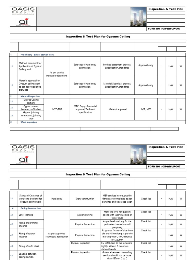 Gypsum Ceiling Inspection & Test Plan | PDF | Drywall | Specification ...
