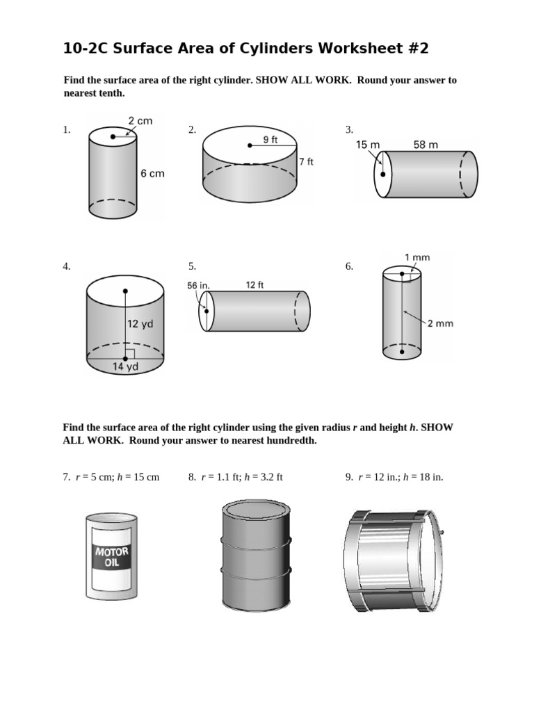 10.2C Surface Area of Cylinders Worksheet | PDF