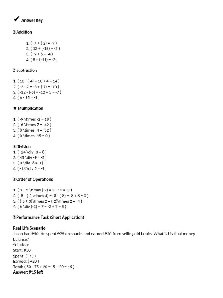 Math Operations Answer Key | PDF