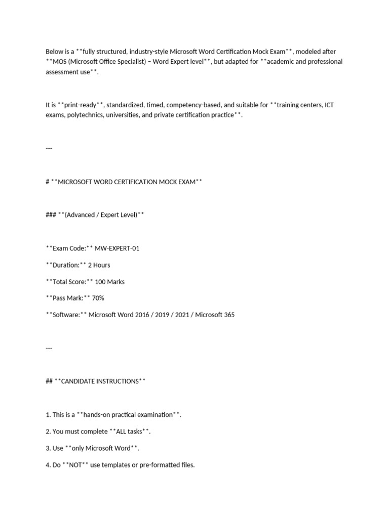 Microsoft Word Certification Mock Exam | PDF | Microsoft Word | Page Layout
