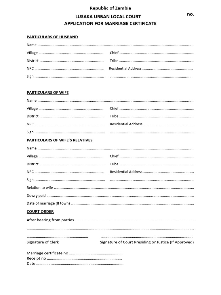 Zambia Marriage Certificate Application Form | PDF