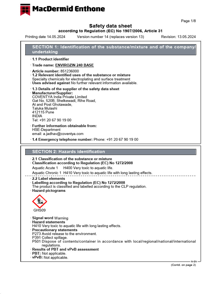 Msds, Env Haz | PDF | Dangerous Goods | Toxicity