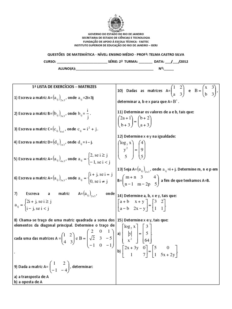 Matrizes - 1 Lista de Exercícios | PDF