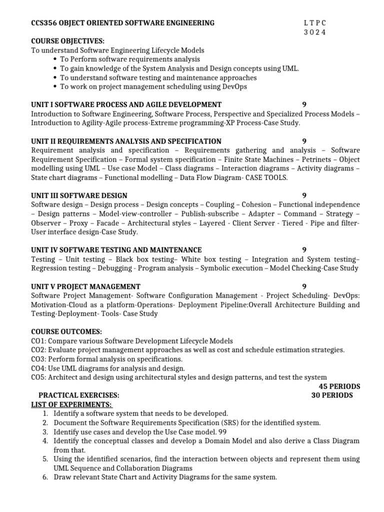 CCS356 OBJECT ORIENTED SOFTWARE ENGINEERING - Syllabus | PDF | Use Case | Software Development ...