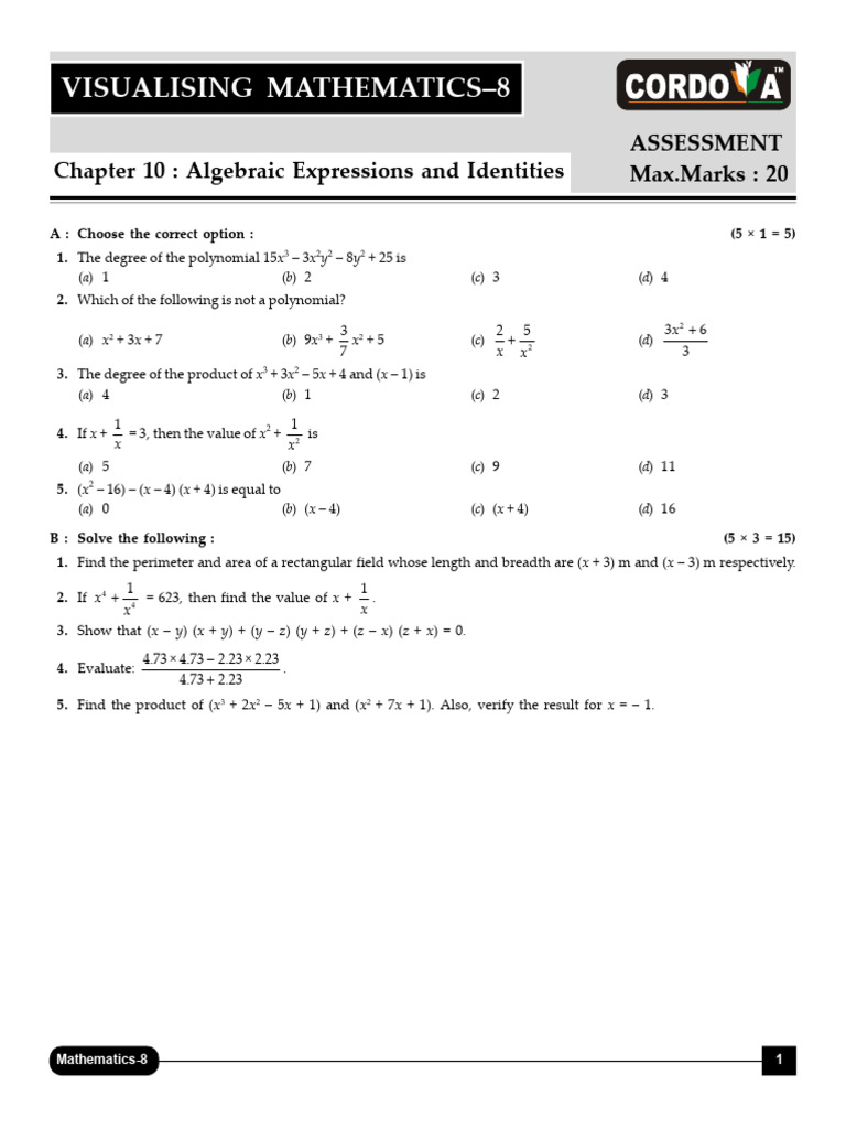 Mathematics 8: Algebraic Expressions Quiz | PDF