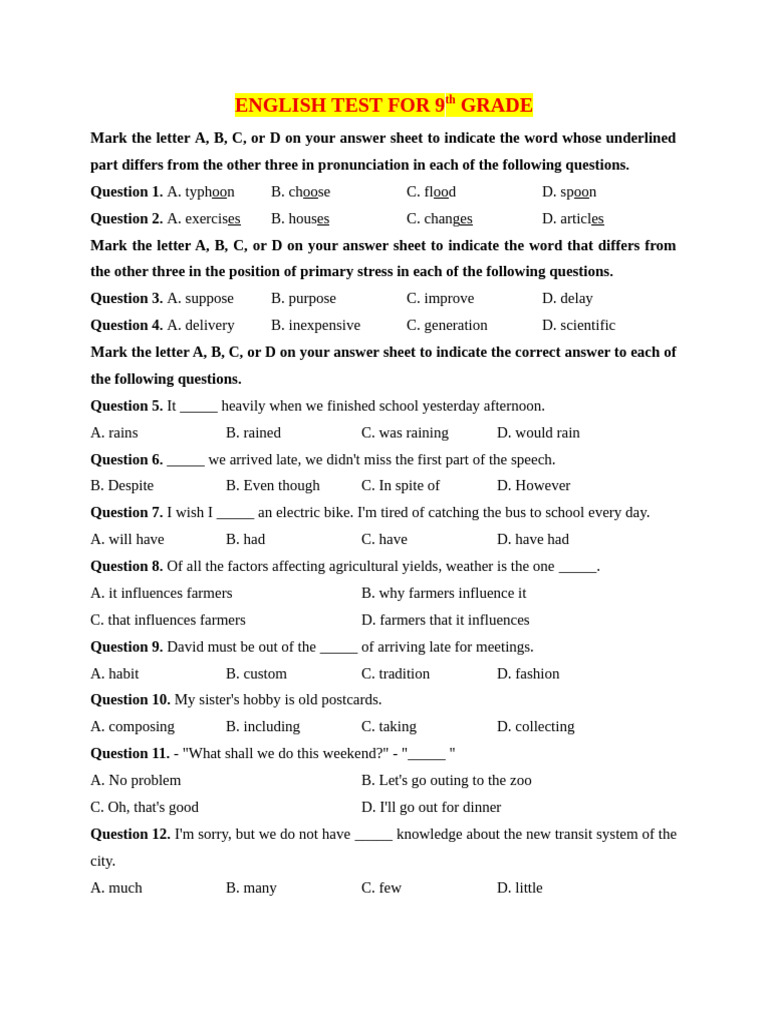 9th Grade English Test Questions | PDF | Vietnam