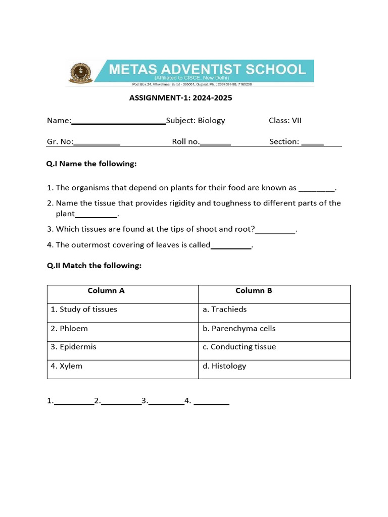 7th Biology Assignment1 1 | PDF