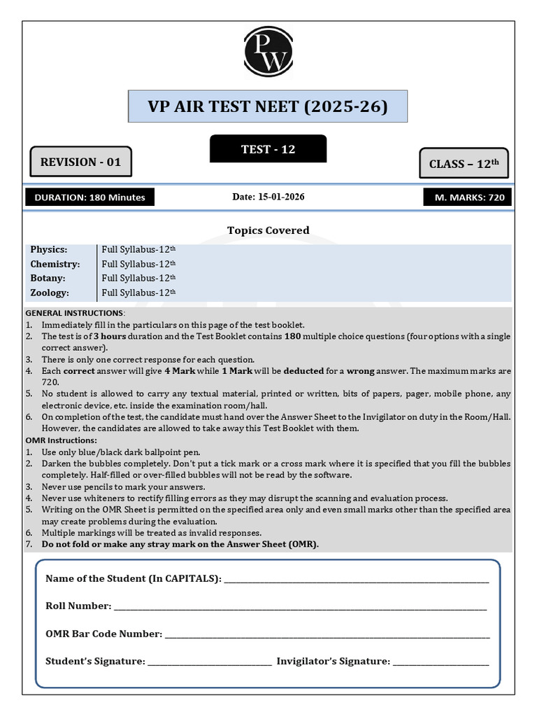 NEET 2025-26 Revision Test 12 Guide | PDF | Atomic Nucleus | Inductor