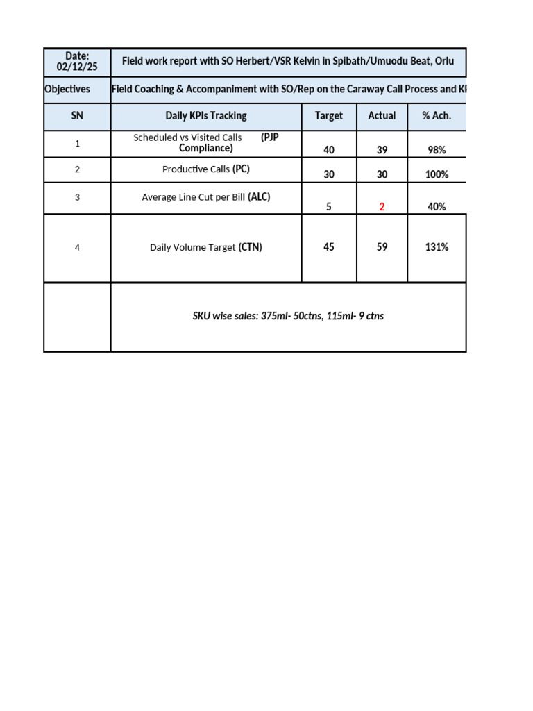 Field Work Report: Sales Coaching & KPIs | PDF