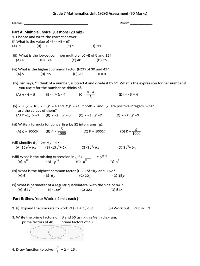 Grade 7 Math Assessment: Units 1-3 | PDF | Elementary Mathematics ...