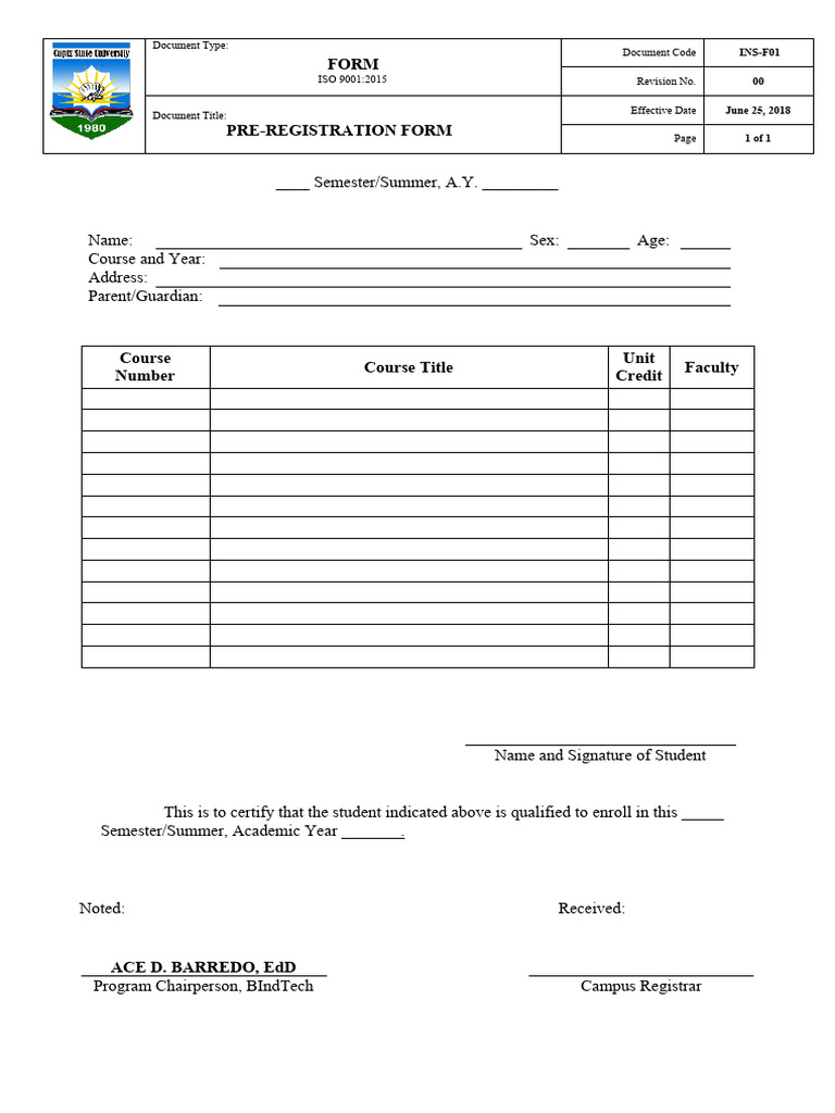 Pre-Registration Form Template | PDF
