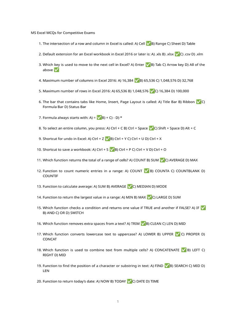 Excel MCQs for Competitive Exams | PDF | Microsoft Excel