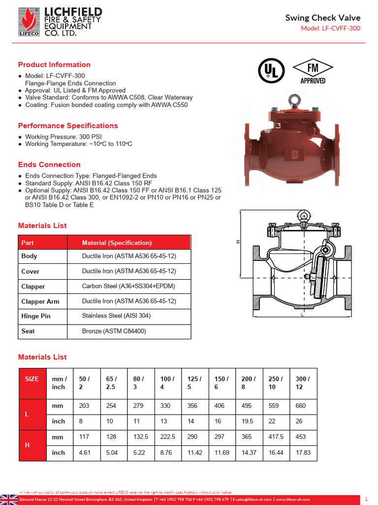 Datasheet Check Valve FlangedxFlanged Model LF CVFF 300 | PDF ...