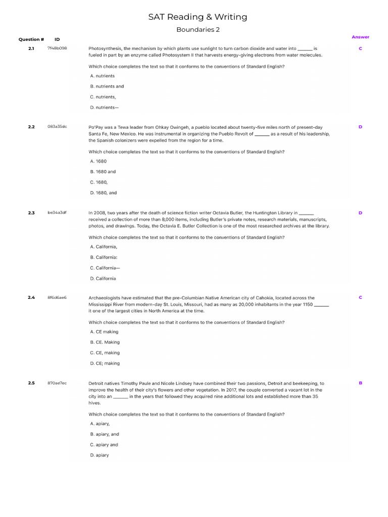 SAT Reading & Writing: Boundaries Answers | PDF