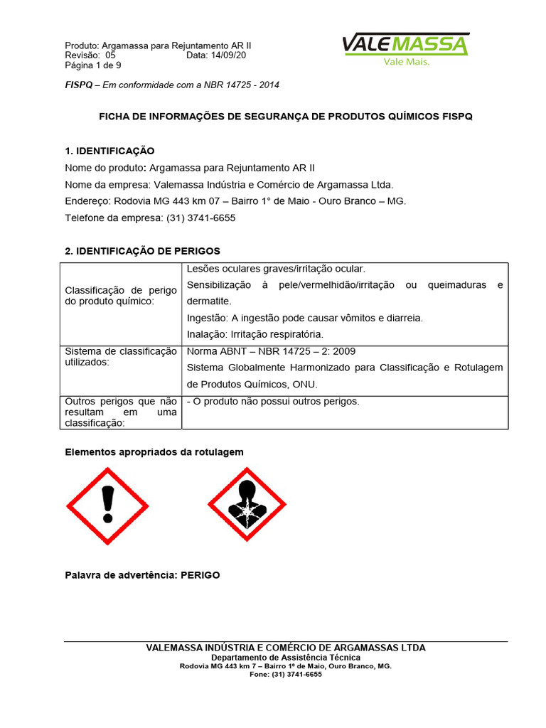 Argamassa AR II: Ficha de Segurança Completa | PDF