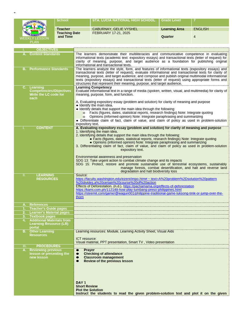 Lesson Plan 1-Week2 | PDF | Truth | Deforestation