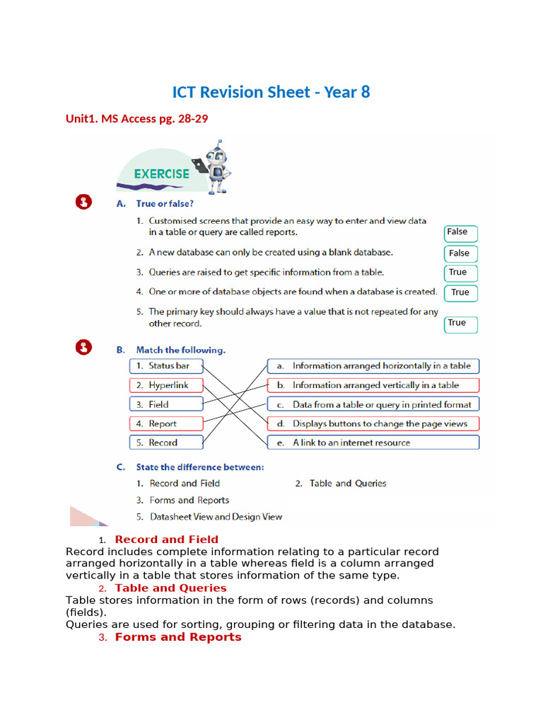 Year 8 ICT Revision: MS Access Guide | PDF