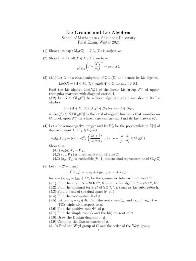 Lie Groups and Algebras Exam 2024 | PDF