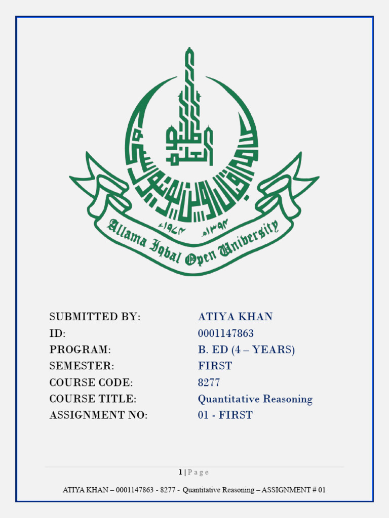 Atiya Khan – 0001147863 - 8277 - Quantitative Reasoning – Assignment # 01 | PDF | Mathematics ...