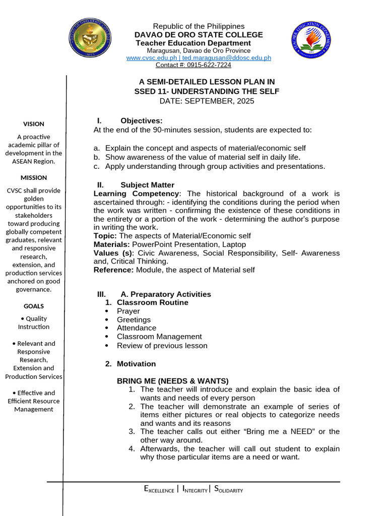 Lesson Plan on Material Self Concepts | PDF | Teachers | Lesson Plan