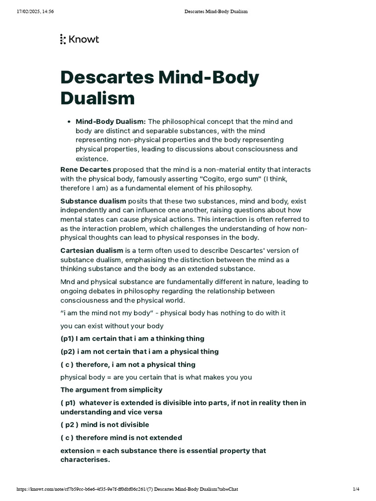 Descartes Mind-Body Dualism | PDF | Mind–Body Problem | René Descartes