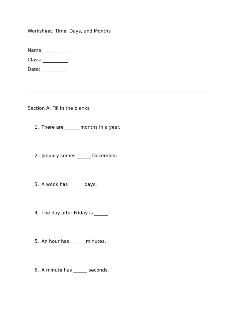 Time, Days, and Months Worksheet | PDF