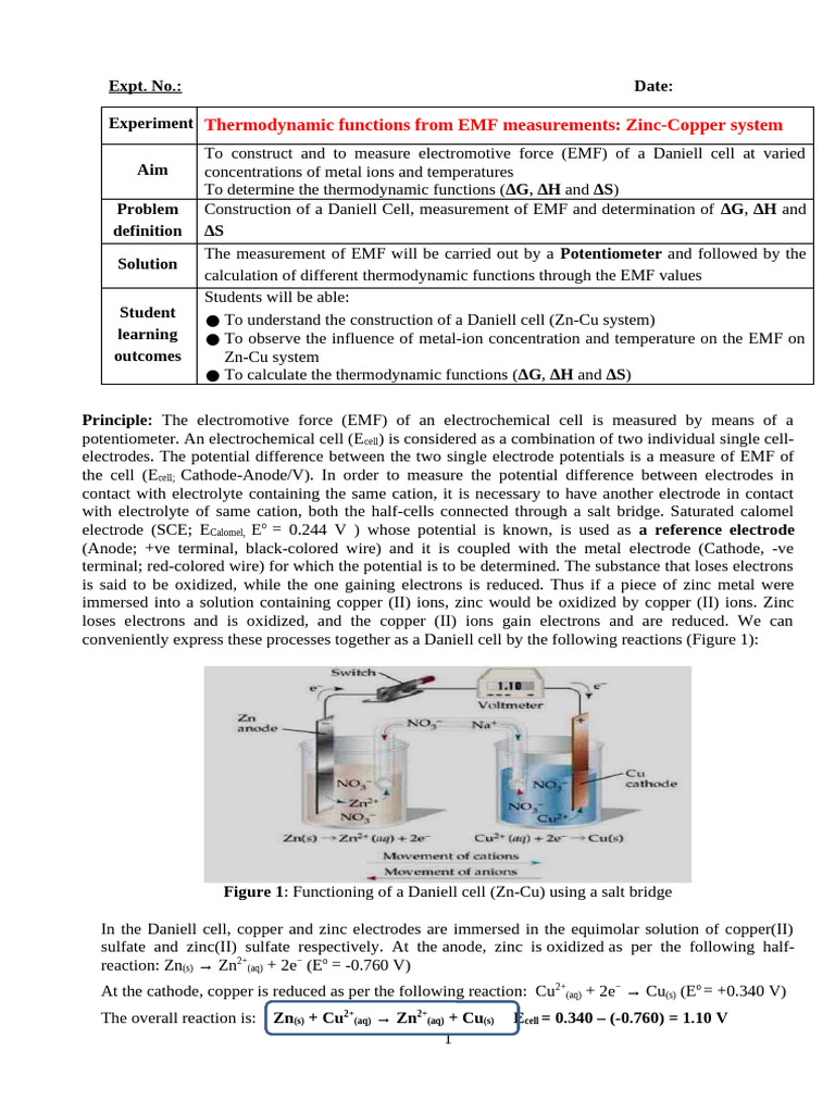 EMF Measurement in Daniell Cell Experiment | PDF | Electrochemistry ...