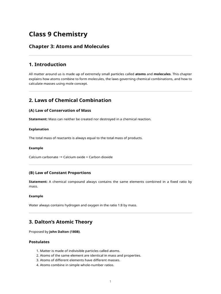 Class 9 Chemistry: Atoms & Molecules Guide | PDF | Mole (Unit) | Atoms