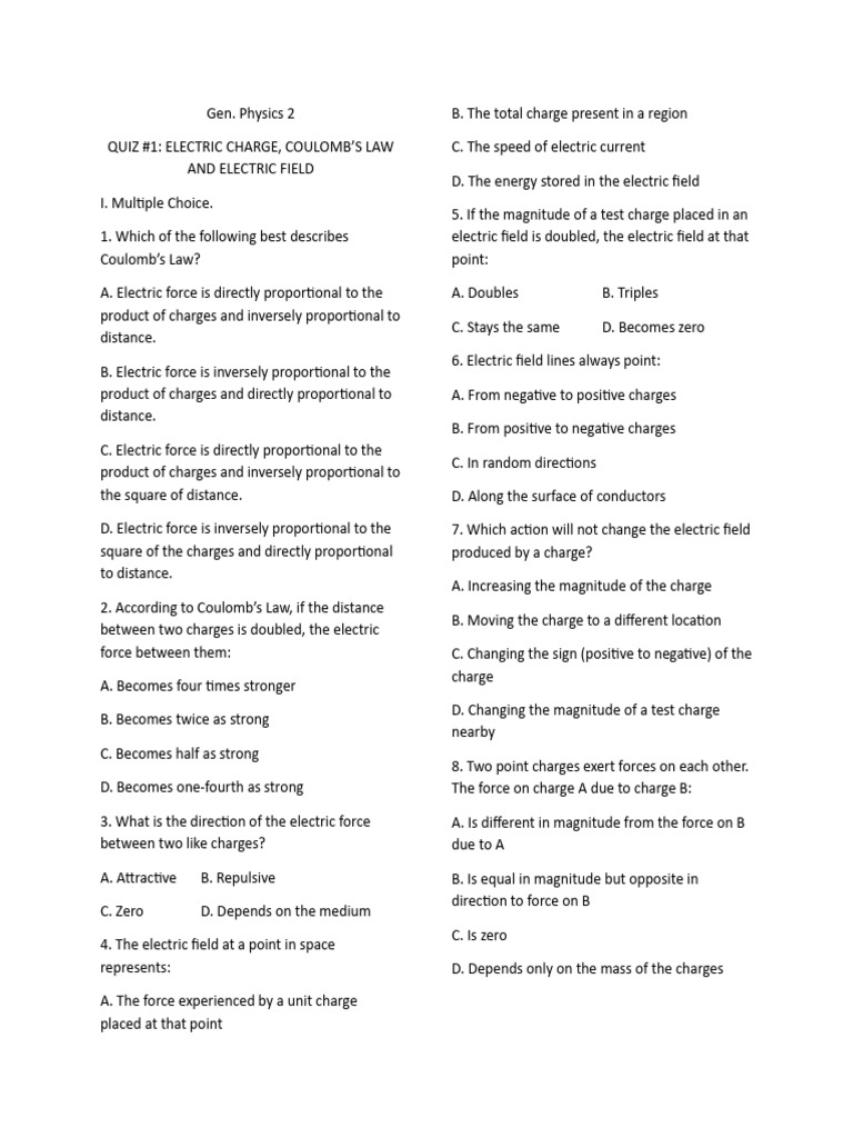 GEN PHYSICS 2 3Q QUIZ 1 ELECTRIC CHARGE, ELECTROSTATIC FORCE, ELECTRIC ...