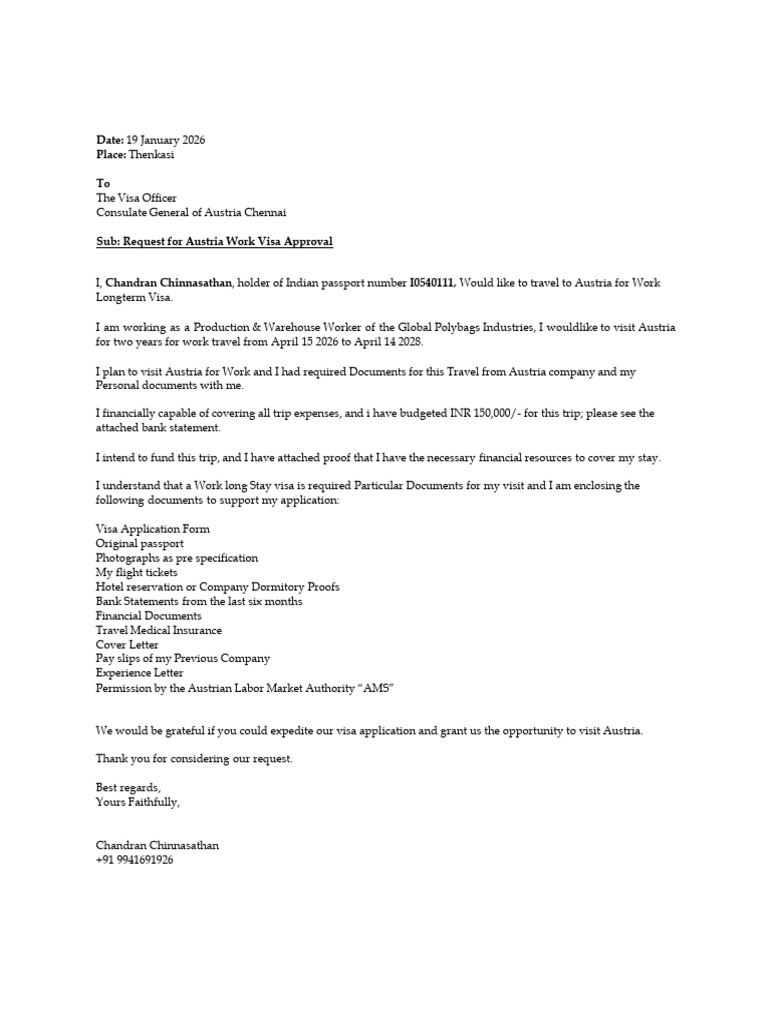 Austria Work Visa Application Request | PDF