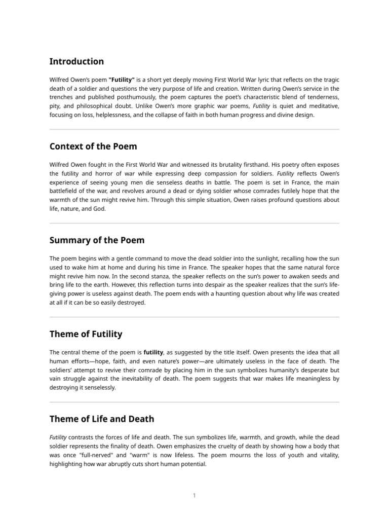Wilfred Owen's "Futility": A Poetic Analysis | PDF | Poetry | Faith