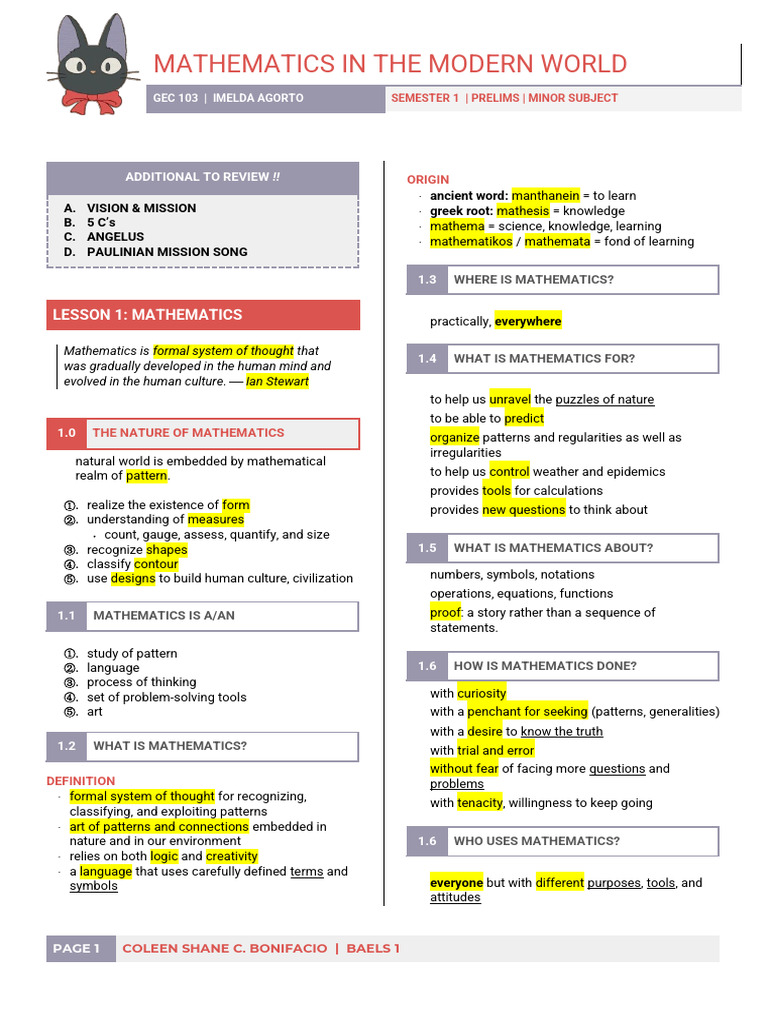 Mmw Reviewer | PDF | Pattern | Function (Mathematics)