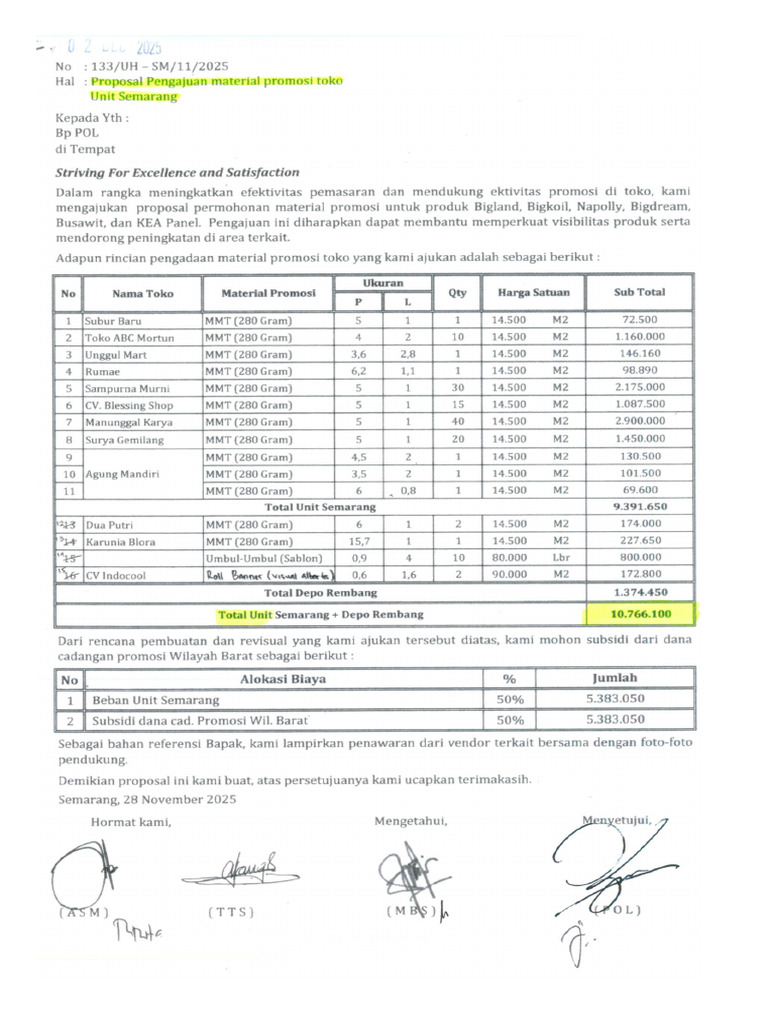 Acc POl, Proposal Pengajuan Material Promosi Toko Unit Semarang | PDF
