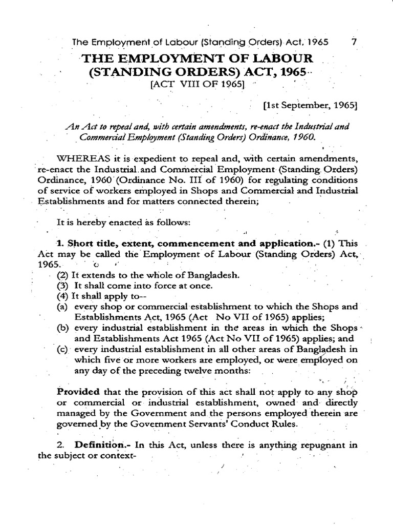 The Employment of Labour, Standing Orders Act, 1965 | PDF | Employment ...