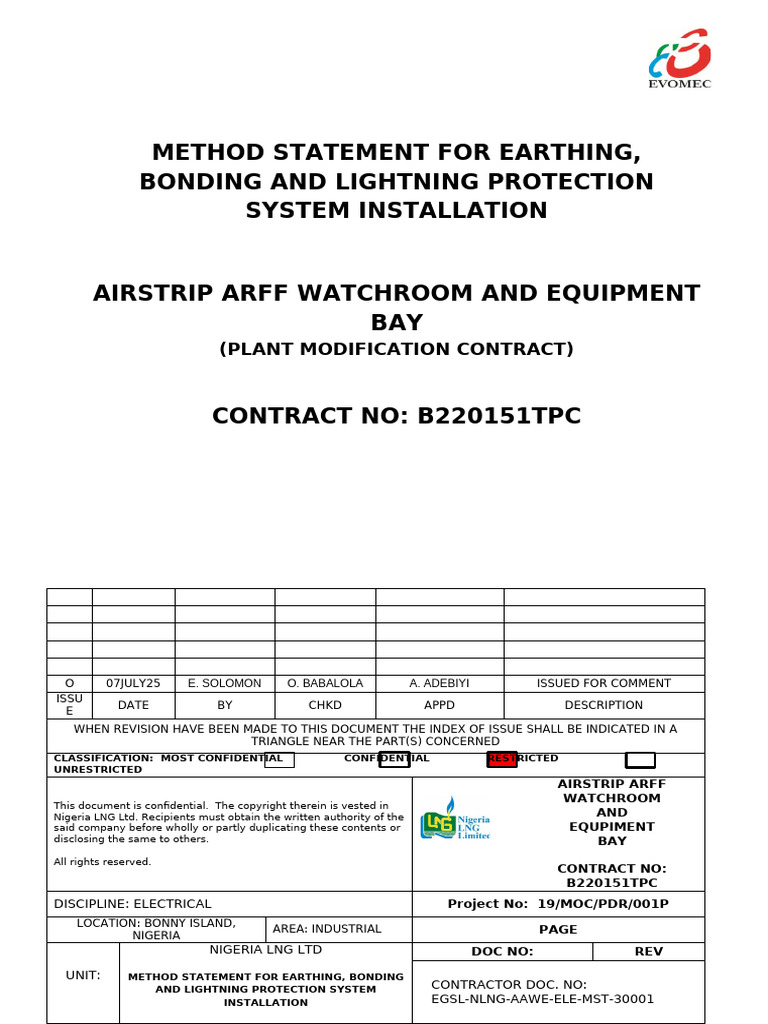 METHOD STATEMENT FOR EARTHING, BONDING AND LIGHTNING PROTECTION SYSTEM ...
