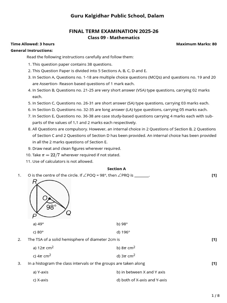 Class 9 Mathematics Final Exam 2025-26 | PDF | Area | Circle