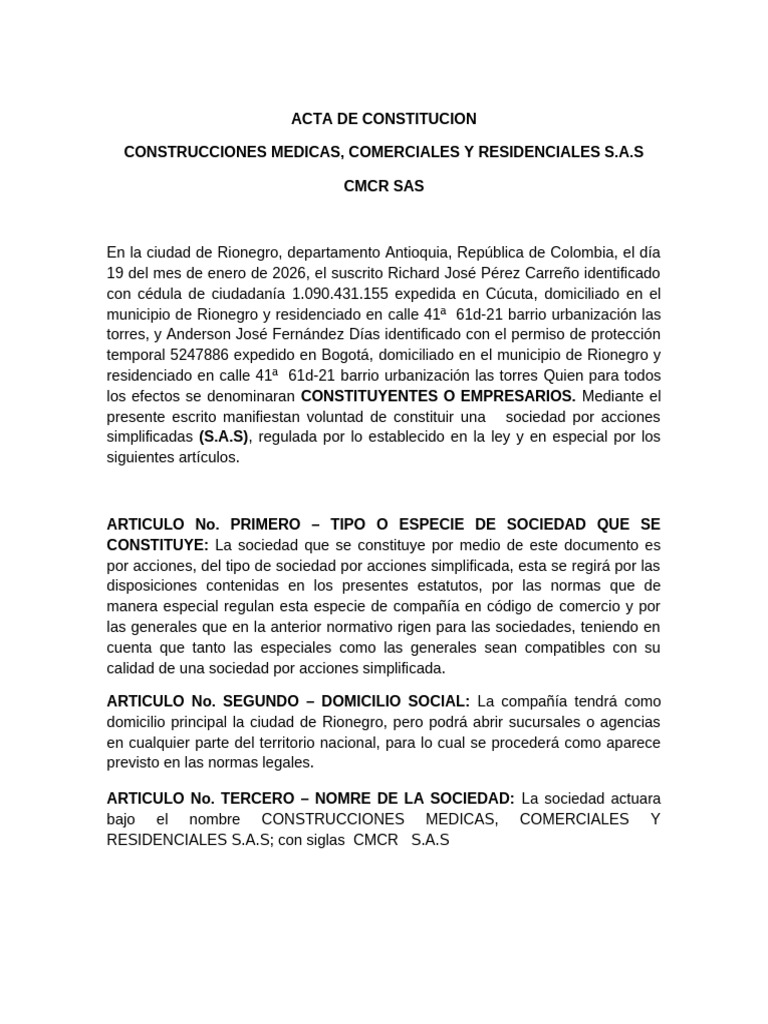 Acta de Constitución de CMCR S.A.S. | PDF | Sociedad de responsabilidad ...