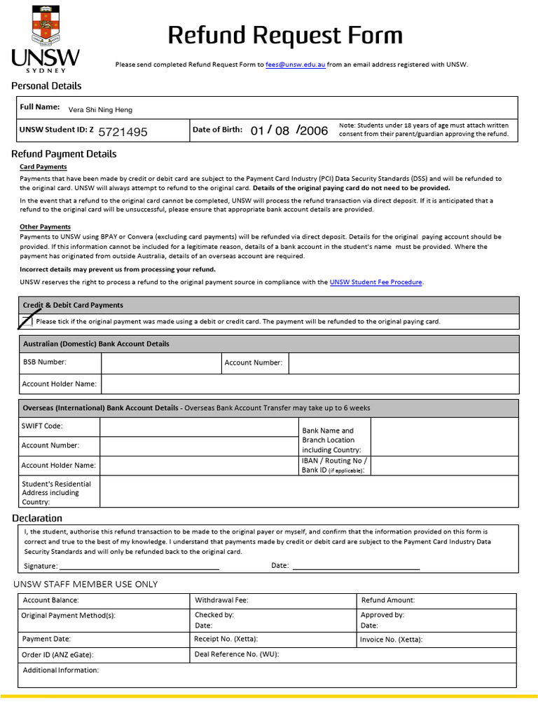UNSW Refund Request Form Instructions | PDF | Credit Card | Payments
