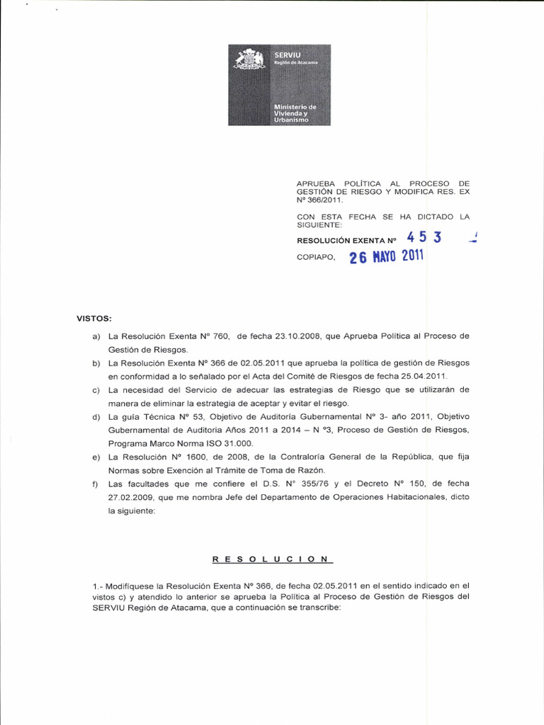 Política de Riesgo. Res. Ex Nº 453 26.05.2011 | PDF