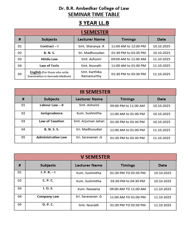 2. 3 Yr Ll.b Sem Time Table 2025 - 2026 | PDF