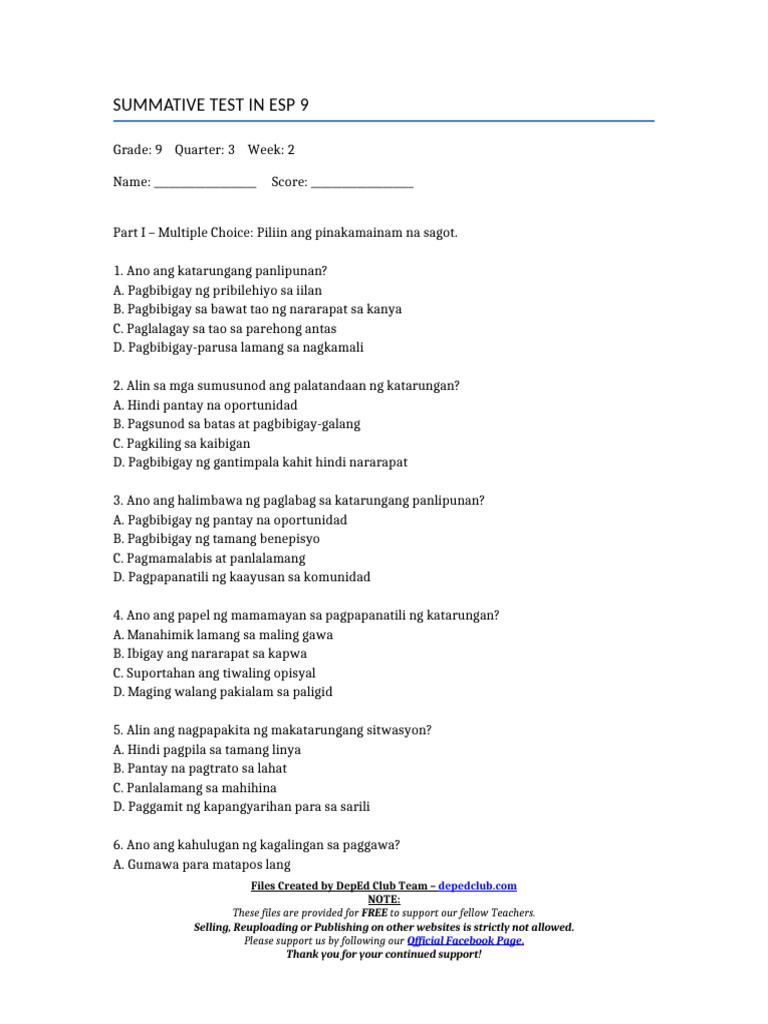 Summ_test Esp 9 q3 w2 | PDF
