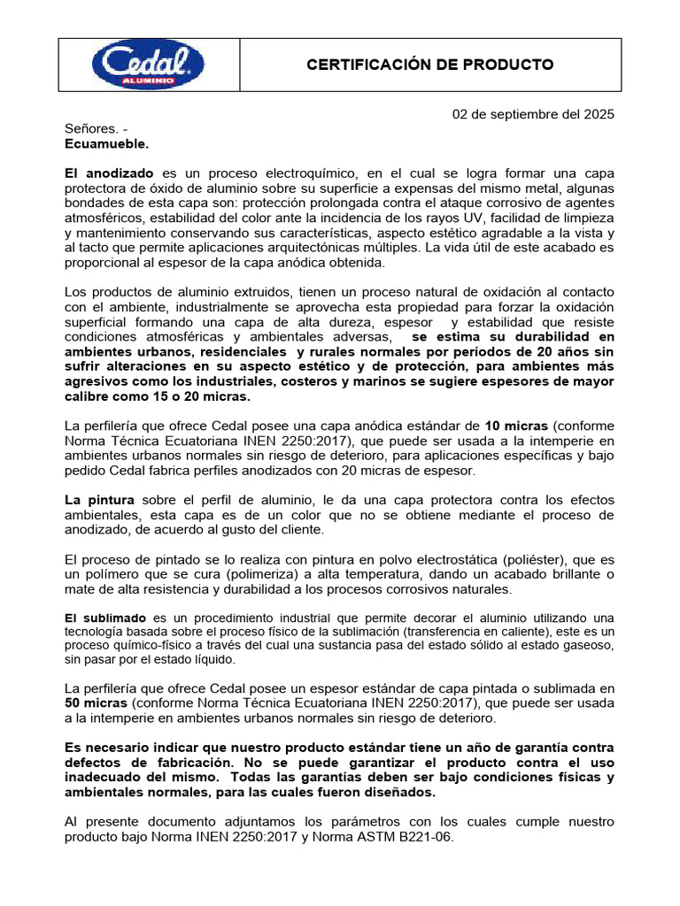 2025-09-02 Especificaciones de Producto and-pin-sub Cedal s.a. (3) (1) | PDF | Aluminio | Química
