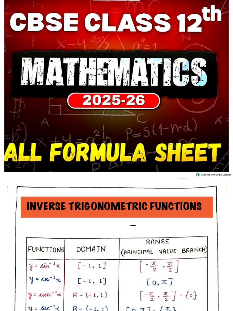 Class 12 Mathematics All Formula Sheet | PDF